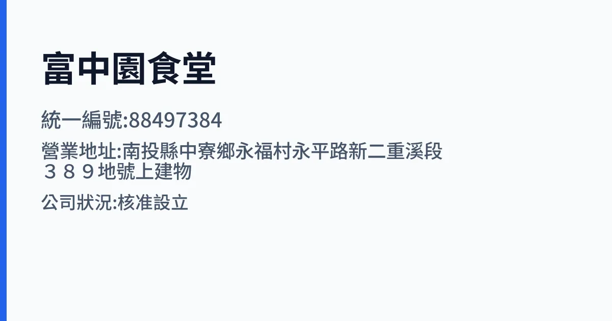 富中園食堂 - 統編 88497384(南投縣) 公司登記資料與營業項目詳細圖表