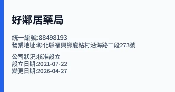 好鄰居藥局的照片-統編 88498193(彰化縣) 公司登記資料與營業項目詳細圖表