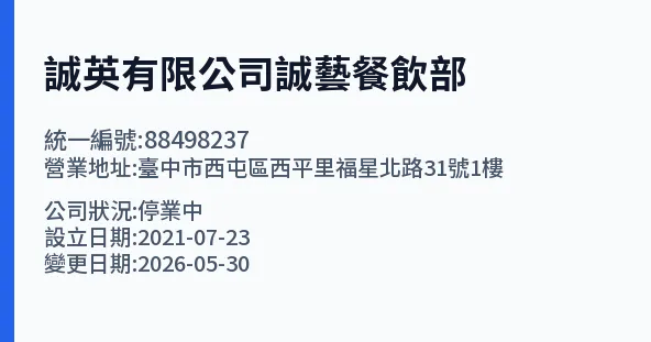 誠英有限公司誠藝餐飲部的照片-統編 88498237(臺中市) 公司登記資料與營業項目詳細圖表