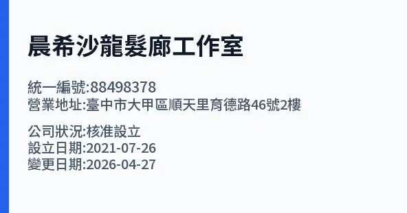 晨希沙龍髮廊工作室的照片-統編 88498378(臺中市) 公司登記資料與營業項目詳細圖表