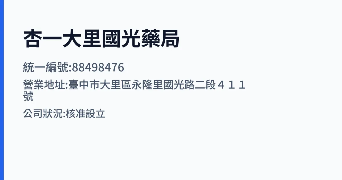 杏一大里國光藥局 - 統編 88498476(臺中市) 公司登記資料與營業項目詳細圖表