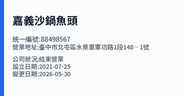嘉義沙鍋魚頭的照片-統編 88498567(臺中市) 公司登記資料與營業項目詳細圖表