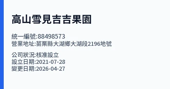 高山雪見吉吉果園的照片-統編 88498573(苗栗縣) 公司登記資料與營業項目詳細圖表