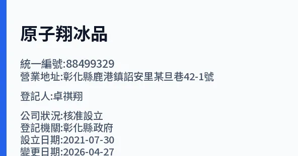 原子翔冰品的照片-統編 88499329(彰化縣) 公司登記資料與營業項目詳細圖表