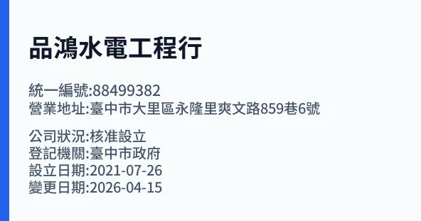 品鴻水電工程行的照片-統編 88499382(臺中市) 公司登記資料與營業項目詳細圖表