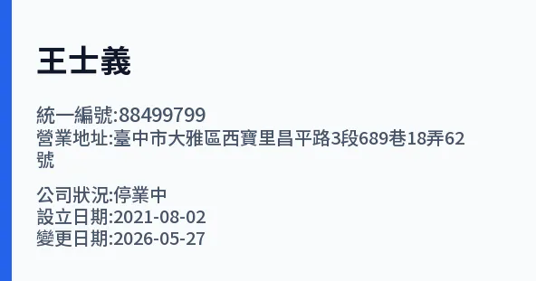 王士義的照片-統編 88499799(臺中市) 公司登記資料與營業項目詳細圖表