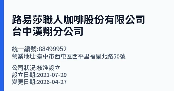 路易莎職人咖啡股份有限公司台中漢翔分公司的照片-統編 88499952(臺中市) 公司登記資料與營業項目詳細圖表