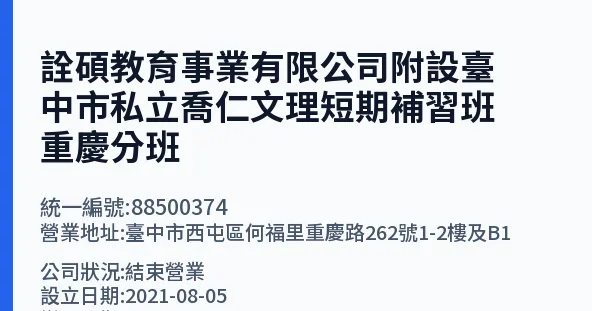 詮碩教育事業有限公司附設臺中市私立喬仁文理短期補習班重慶分班的照片-統編 88500374(臺中市) 公司登記資料與營業項目詳細圖表