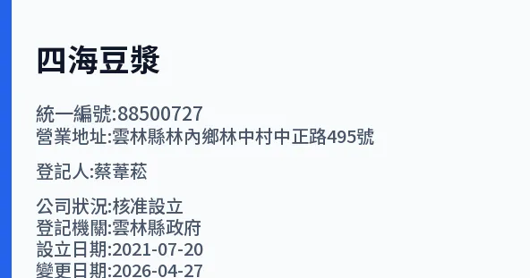 四海豆漿的照片-統編 88500727(雲林縣) 公司登記資料與營業項目詳細圖表