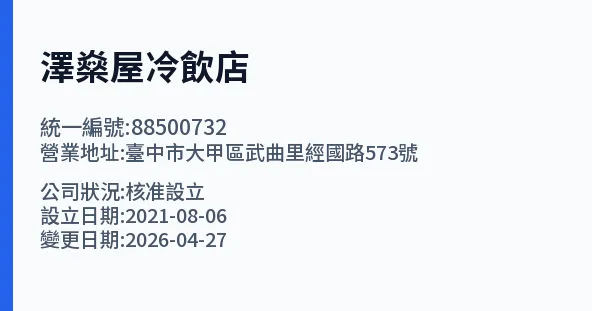 澤燊屋冷飲店的照片-統編 88500732(臺中市) 公司登記資料與營業項目詳細圖表