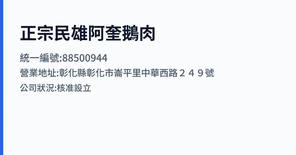 正宗民雄阿奎鵝肉 - 統編 88500944(彰化縣) 公司登記資料與營業項目詳細圖表