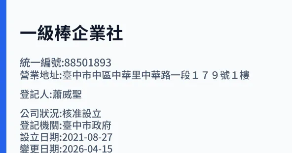 一級棒企業社的照片-統編 88501893(臺中市) 公司登記資料與營業項目詳細圖表