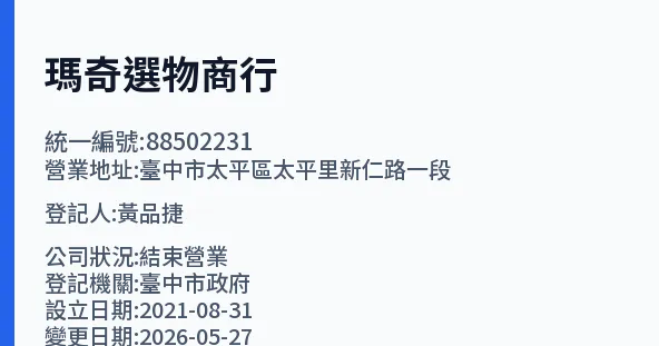 瑪奇選物商行的照片-統編 88502231(臺中市) 公司登記資料與營業項目詳細圖表