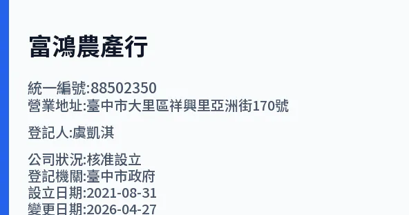 富鴻農產行的照片-統編 88502350(臺中市) 公司登記資料與營業項目詳細圖表