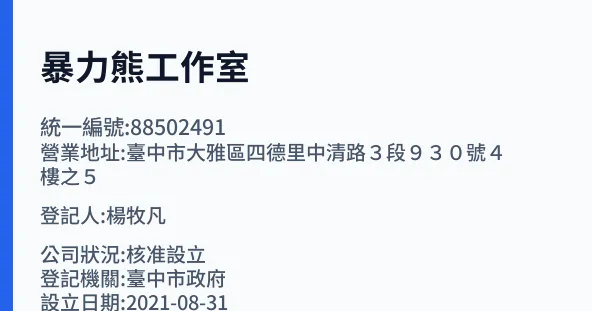 暴力熊工作室的照片-統編 88502491(臺中市) 公司登記資料與營業項目詳細圖表