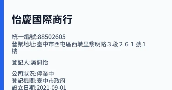 怡慶國際商行的照片-統編 88502605(臺中市) 公司登記資料與營業項目詳細圖表