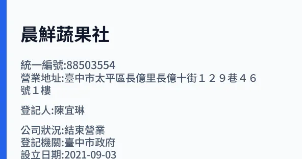 晨鮮蔬果社的照片-統編 88503554(臺中市) 公司登記資料與營業項目詳細圖表