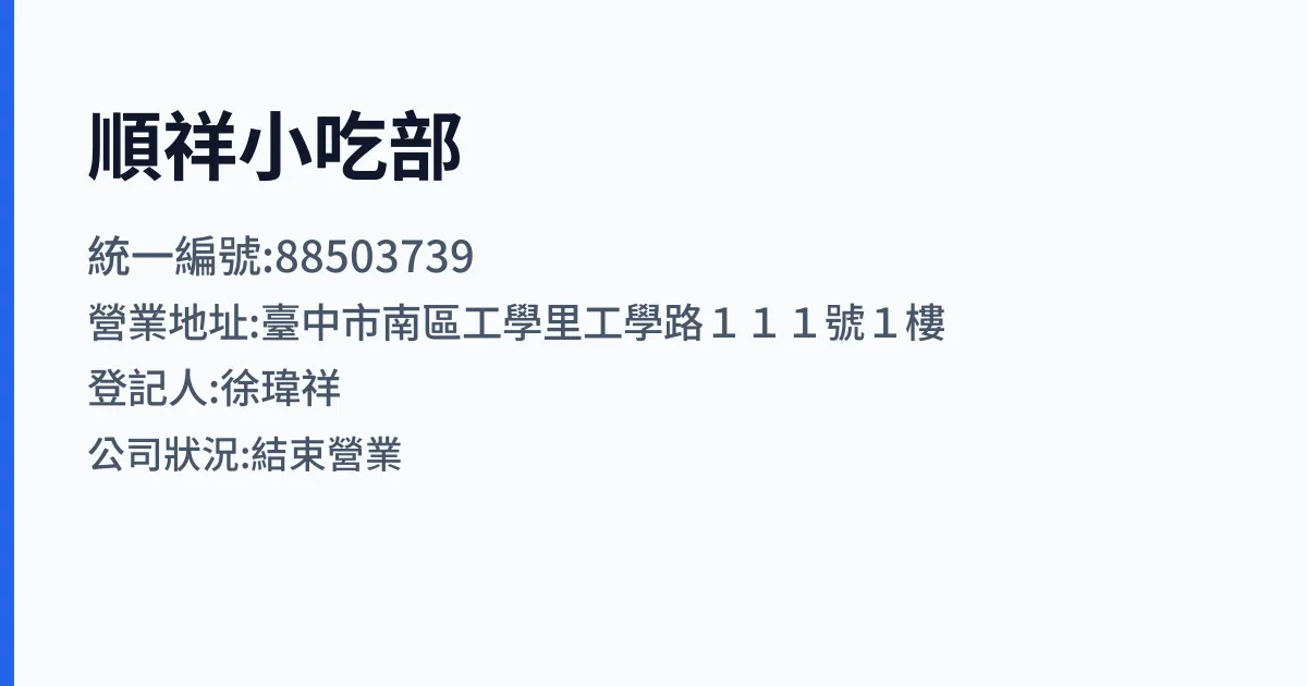 順祥小吃部 - 統編 88503739(臺中市) 公司登記資料與營業項目詳細圖表
