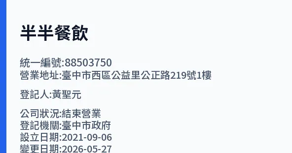 半半餐飲的照片-統編 88503750(臺中市) 公司登記資料與營業項目詳細圖表