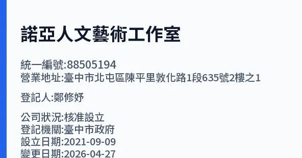 諾亞人文藝術工作室的照片-統編 88505194(臺中市) 公司登記資料與營業項目詳細圖表