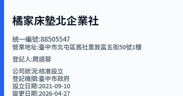 橘家床墊北企業社的照片-統編 88505547(臺中市) 公司登記資料與營業項目詳細圖表