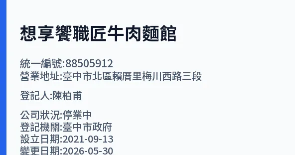 想享饗職匠牛肉麵館的照片-統編 88505912(臺中市) 公司登記資料與營業項目詳細圖表