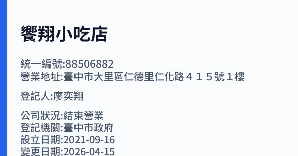 饗翔小吃店的照片-統編 88506882(臺中市) 公司登記資料與營業項目詳細圖表