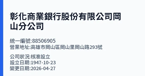 彰化商業銀行股份有限公司岡山分公司的照片-統編 88506905(高雄市) 公司登記資料與營業項目詳細圖表