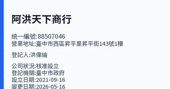 阿洪天下商行的照片-統編 88507046(臺中市) 公司登記資料與營業項目詳細圖表