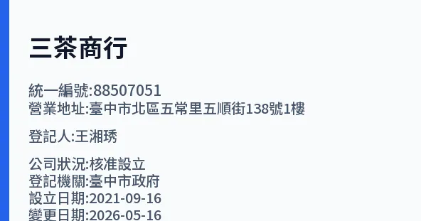 三茶商行的照片-統編 88507051(臺中市) 公司登記資料與營業項目詳細圖表