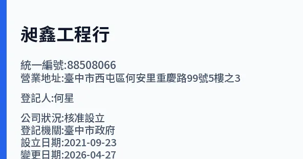昶鑫工程行的照片-統編 88508066(臺中市) 公司登記資料與營業項目詳細圖表
