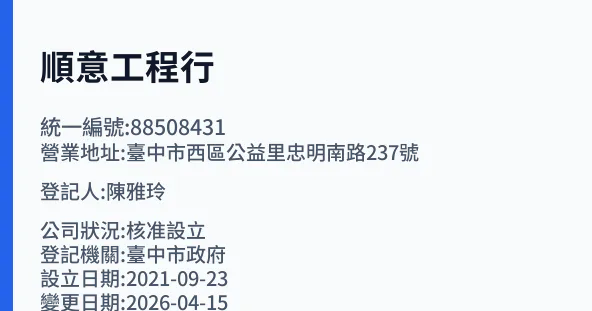 順意工程行的照片-統編 88508431(臺中市) 公司登記資料與營業項目詳細圖表