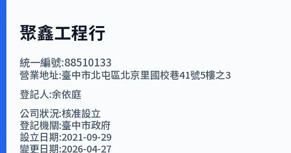 聚鑫工程行的照片-統編 88510133(臺中市) 公司登記資料與營業項目詳細圖表