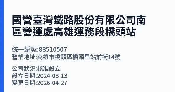 國營臺灣鐵路股份有限公司南區營運處高雄運務段橋頭站的照片-統編 88510507(高雄市) 公司登記資料與營業項目詳細圖表