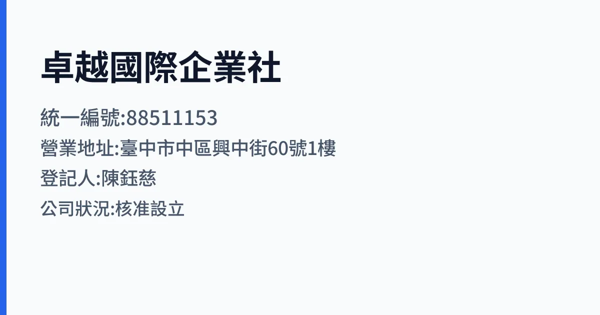 卓越國際企業社 - 統編 88511153(臺中市) 公司登記資料與營業項目詳細圖表