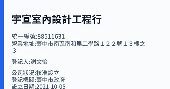 宇宣室內設計工程行的照片-統編 88511631(臺中市) 公司登記資料與營業項目詳細圖表