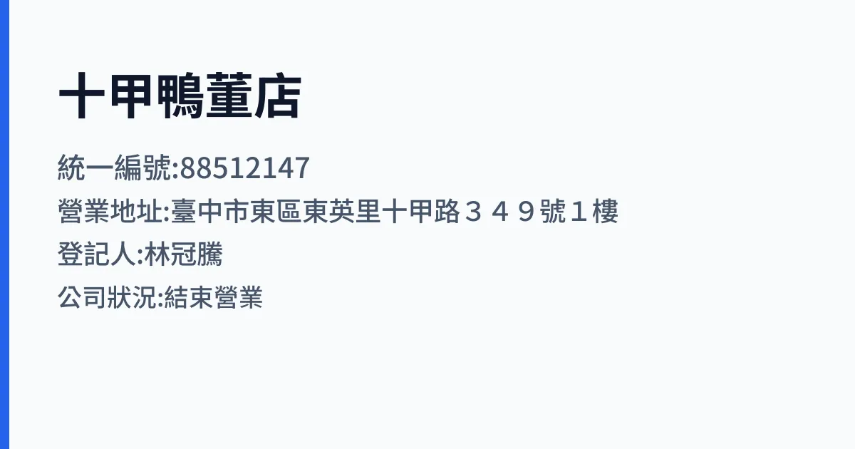 十甲鴨董店 - 統編 88512147（臺中市） 公司登記資料與營業項目詳細圖表