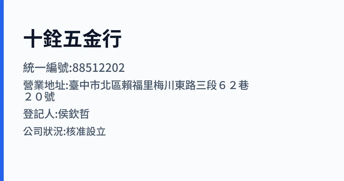 十銓五金行 - 統編 88512202(臺中市) 公司登記資料與營業項目詳細圖表
