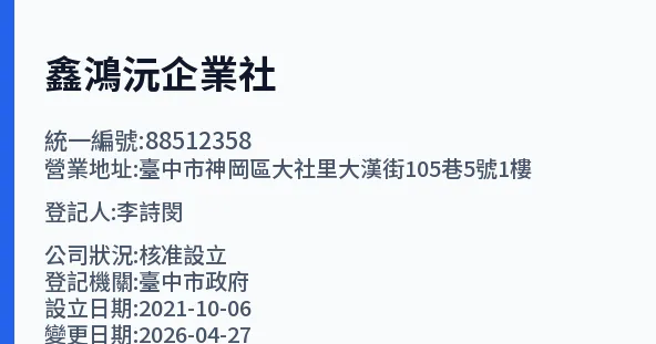鑫鴻沅企業社的照片-統編 88512358(臺中市) 公司登記資料與營業項目詳細圖表