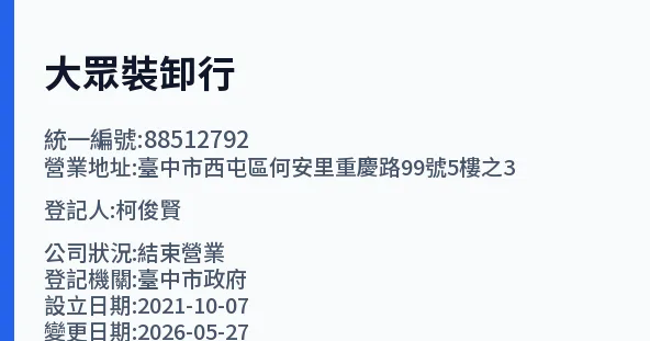 大眾裝卸行的照片-統編 88512792(臺中市) 公司登記資料與營業項目詳細圖表