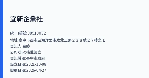 宜新企業社的照片-統編 88513032(臺中市) 公司登記資料與營業項目詳細圖表