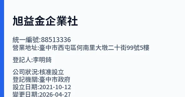 旭益金企業社的照片-統編 88513336(臺中市) 公司登記資料與營業項目詳細圖表