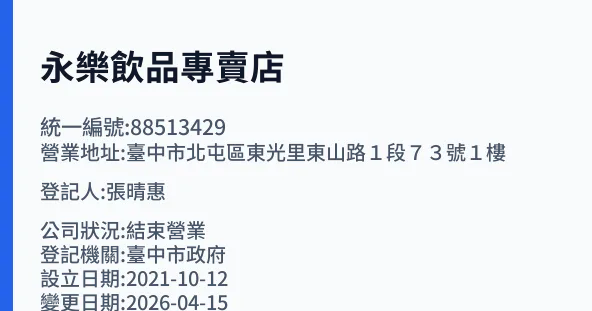 永樂飲品專賣店的照片-統編 88513429(臺中市) 公司登記資料與營業項目詳細圖表
