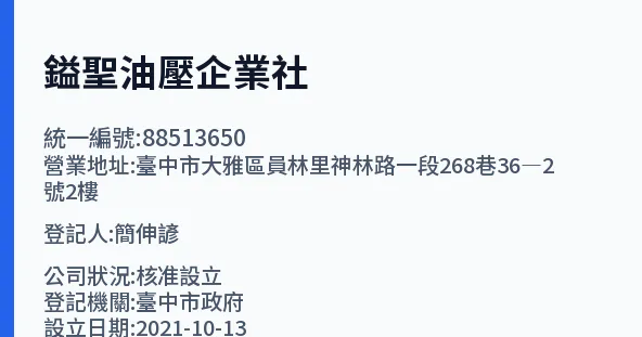 鎰聖油壓企業社的照片-統編 88513650(臺中市) 公司登記資料與營業項目詳細圖表