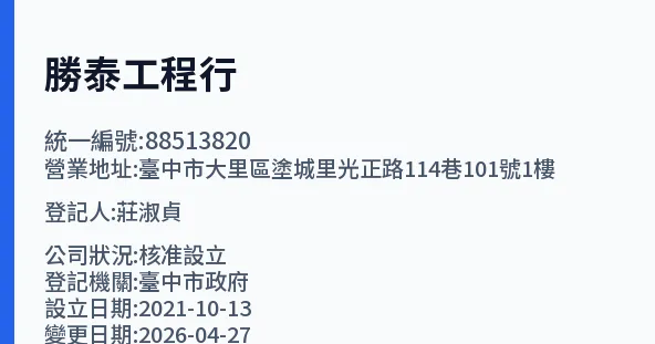 勝泰工程行的照片-統編 88513820(臺中市) 公司登記資料與營業項目詳細圖表