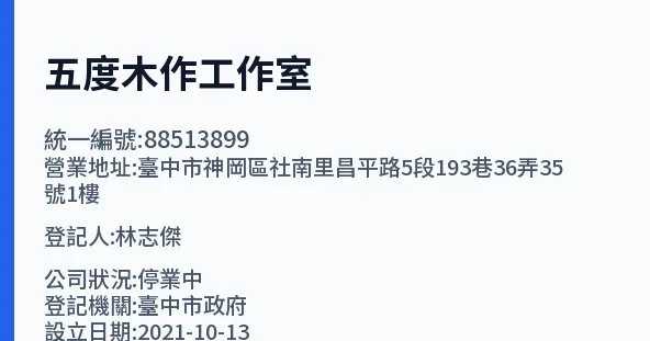 五度木作工作室的照片-統編 88513899(臺中市) 公司登記資料與營業項目詳細圖表