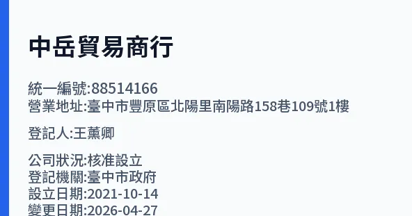 中岳貿易商行的照片-統編 88514166(臺中市) 公司登記資料與營業項目詳細圖表