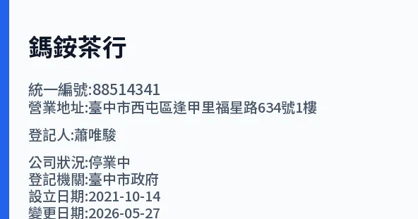 鎷銨茶行的照片-統編 88514341(臺中市) 公司登記資料與營業項目詳細圖表