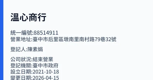 溫心商行的照片-統編 88514911(臺中市) 公司登記資料與營業項目詳細圖表