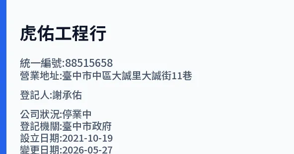 虎佑工程行的照片-統編 88515658(臺中市) 公司登記資料與營業項目詳細圖表